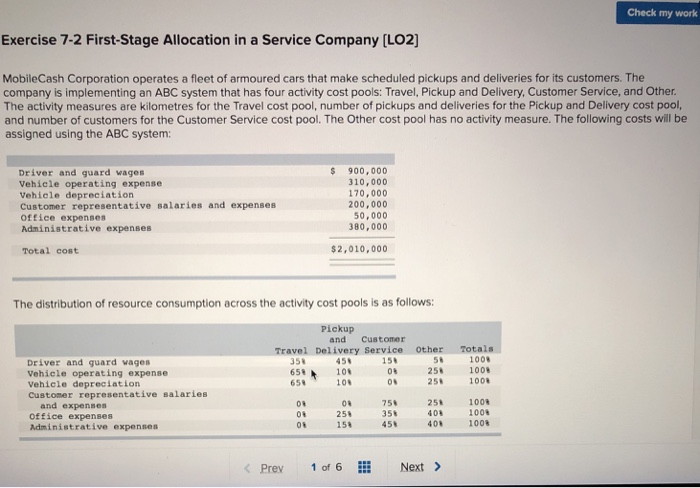 Solved Check my work Exercise 7-2 First-Stage Allocation in | Chegg.com