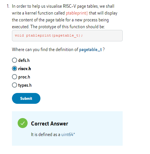 Solved typedef uint64 *pagetable_t; // 512 PTEs.In defs.h | Chegg.com