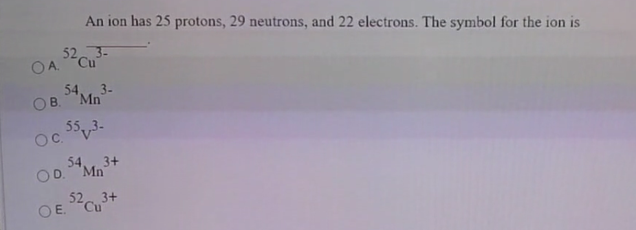 Solved An ion has 25 protons, 29 neutrons, and 22 electrons. | Chegg.com