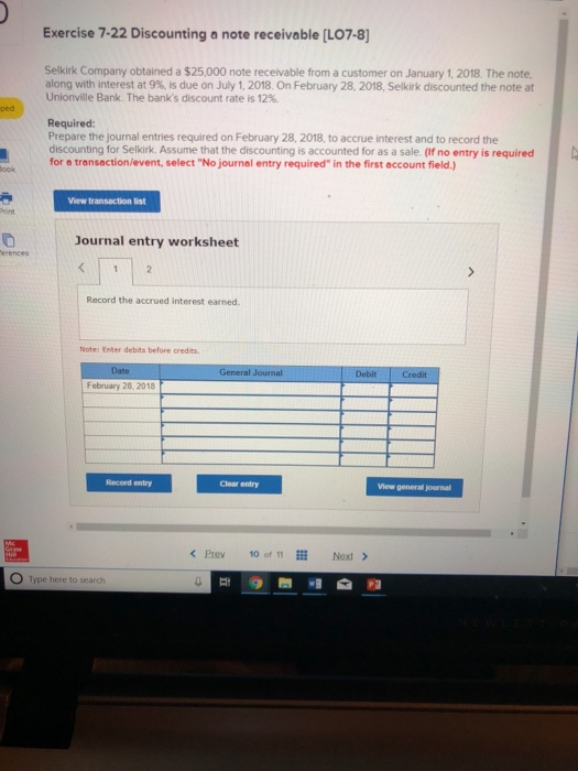 Solved Exercise 7-22 Discounting a note receivable [LO7-8 | Chegg.com