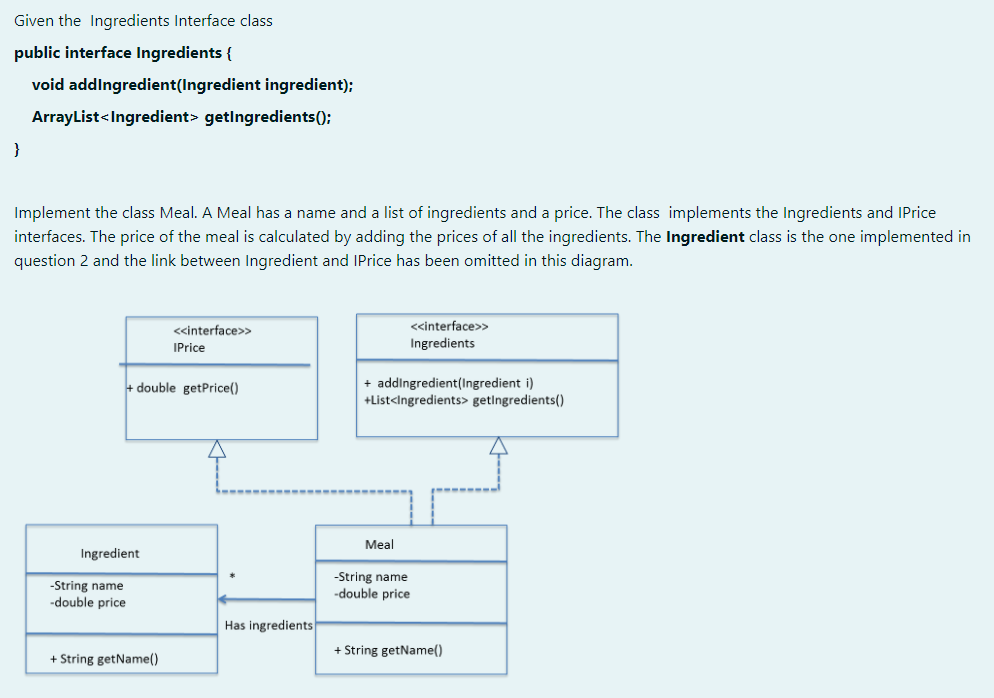 Solved Given the Ingredients Interface class public | Chegg.com