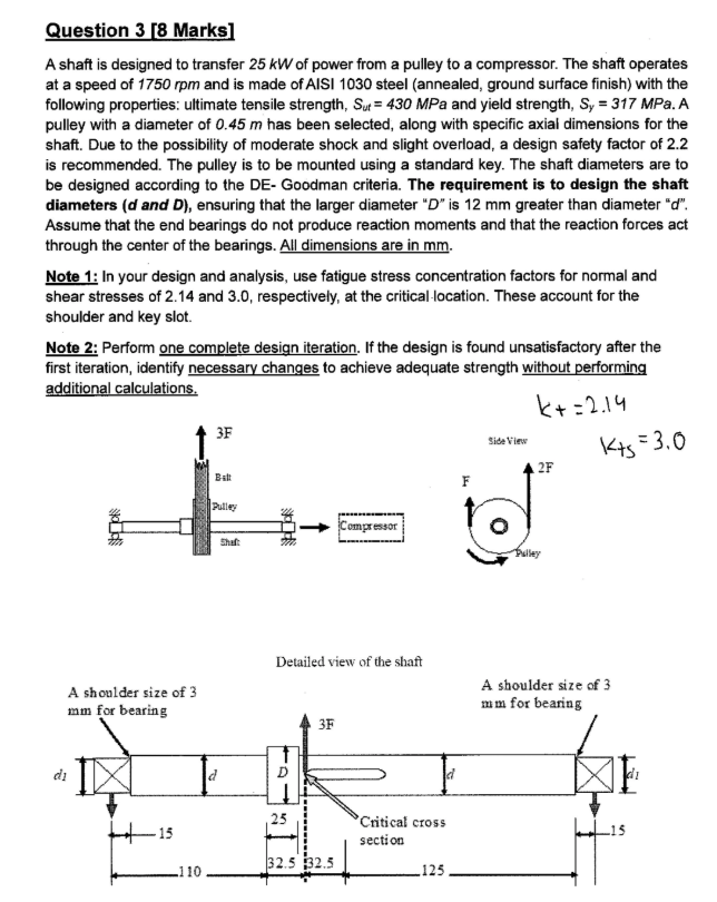 Solved Question 3 [8 ﻿Marks]A shaft is designed to transfer | Chegg.com