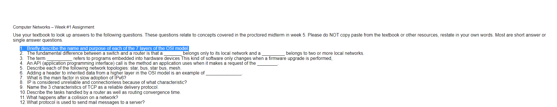 Solved Computer Networks - Week \#1 Assignment single answer | Chegg.com