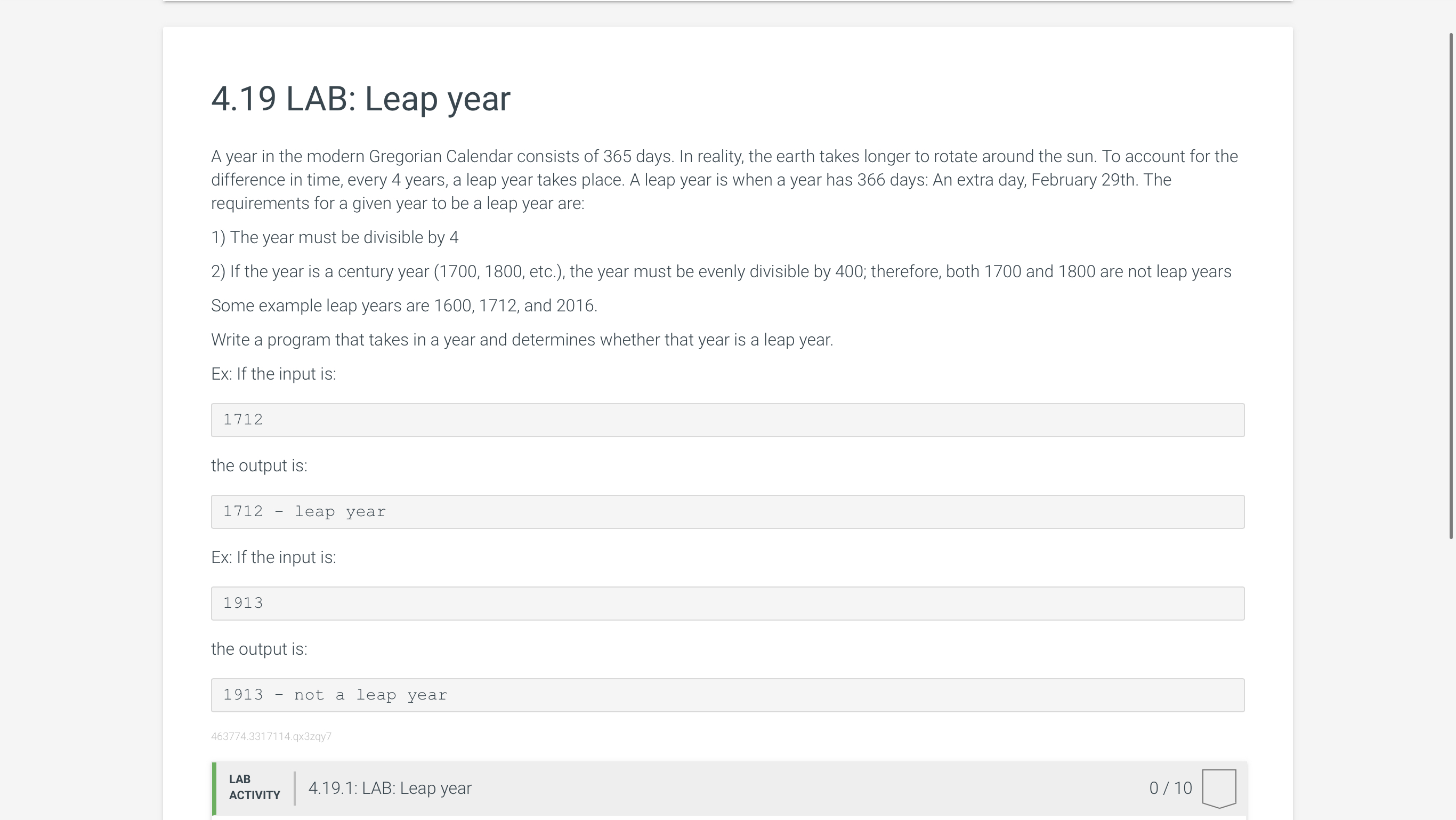 Solved 4.19 LAB: Leap year A year in the modern Gregorian | Chegg.com