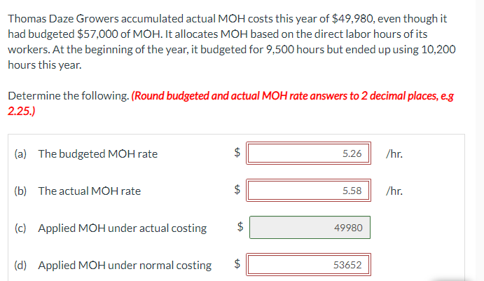 Solved Thomas Daze Growers accumulated actual MOH costs this | Chegg.com