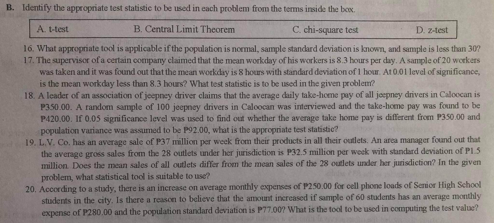 Solved B. Identify the appropriate test statistic to be used | Chegg.com