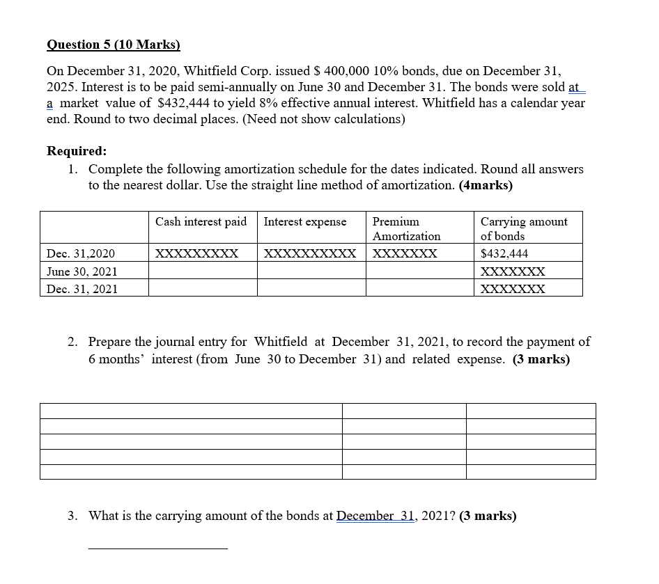 Solved Question 5 (10 Marks) On December 31, 2020, Whitfield | Chegg.com