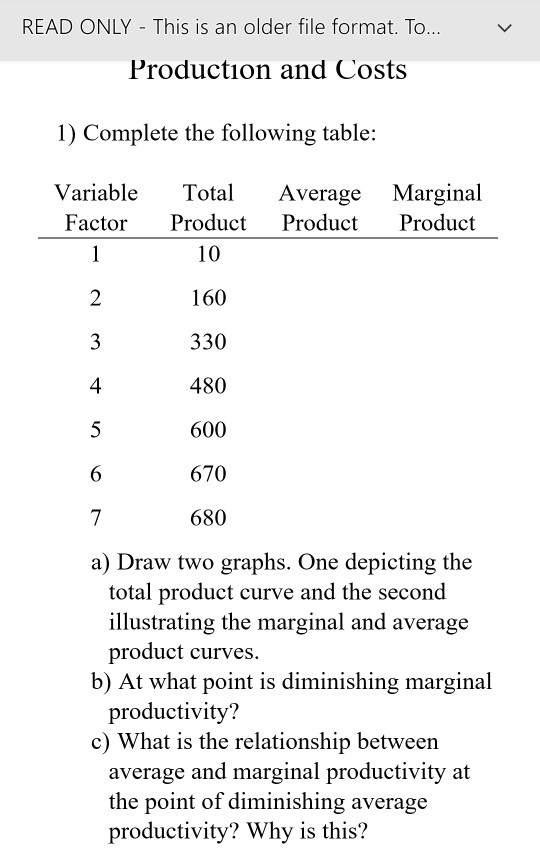 Solved READ ONLY This is an older file format. To Production | Chegg.com