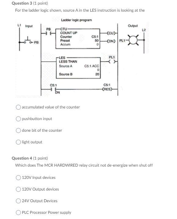 Solved Question 3 (1 point) For the ladder logic shown, | Chegg.com