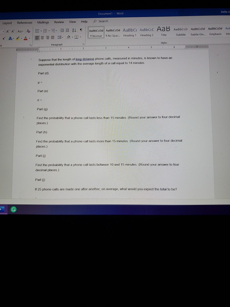 Solved Bella Document1 Word Mailings Review View Help