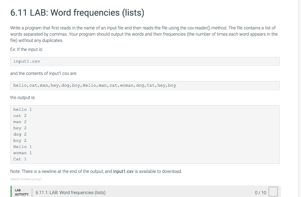 Solved 6.11 LAB: Word frequencies (lists) Write a program | Chegg.com