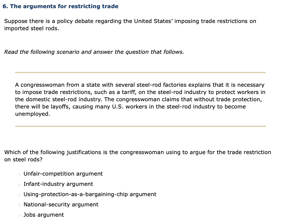 Solved 6. The arguments for restricting trade Suppose there | Chegg.com