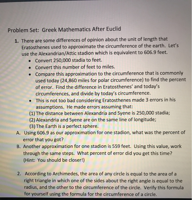 Solved Problem Set: Greek Mathematics After Euclid 1. There | Chegg.com
