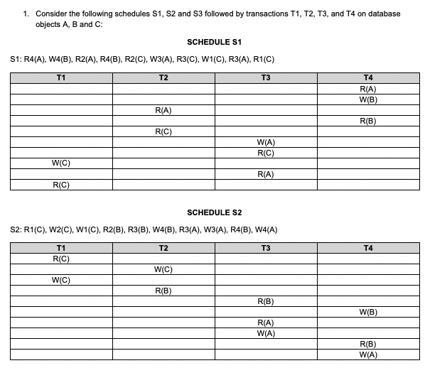Solved 1. Consider the following schedules S1, S2 and 3 | Chegg.com