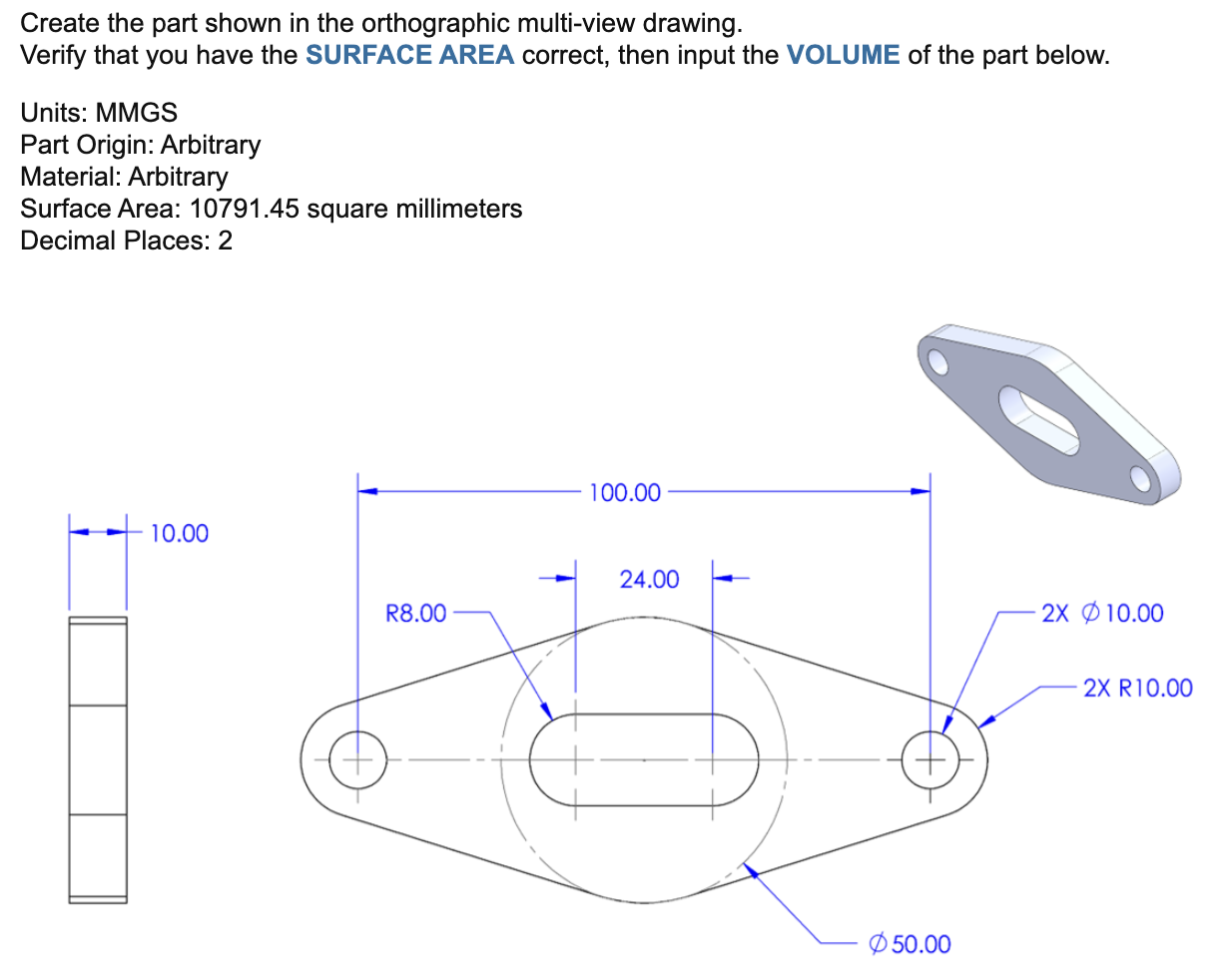 Solved Create the part shown in the orthographic multi-view | Chegg.com