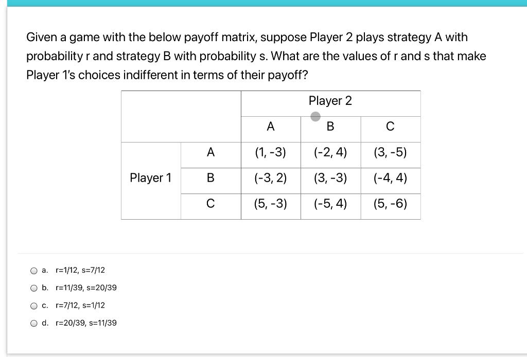 Solved Given a game with the below payoff matrix, suppose | Chegg.com