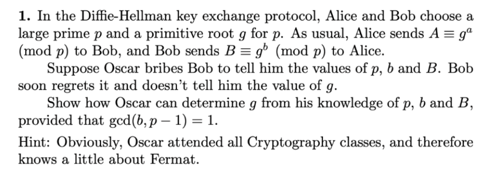 Solved 1. In the Diffie-Hellman key exchange protocol, Alice | Chegg.com