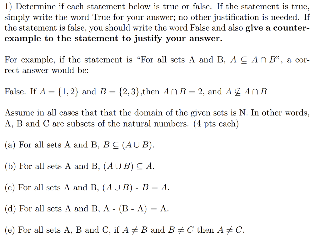 Solved 1) Determine if each statement below is true or | Chegg.com