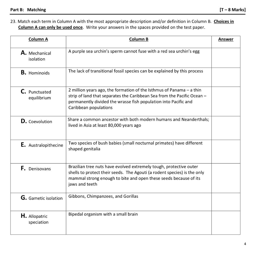 Solved Part B: Matching [T-8 Marks) 23. Match each term in | Chegg.com