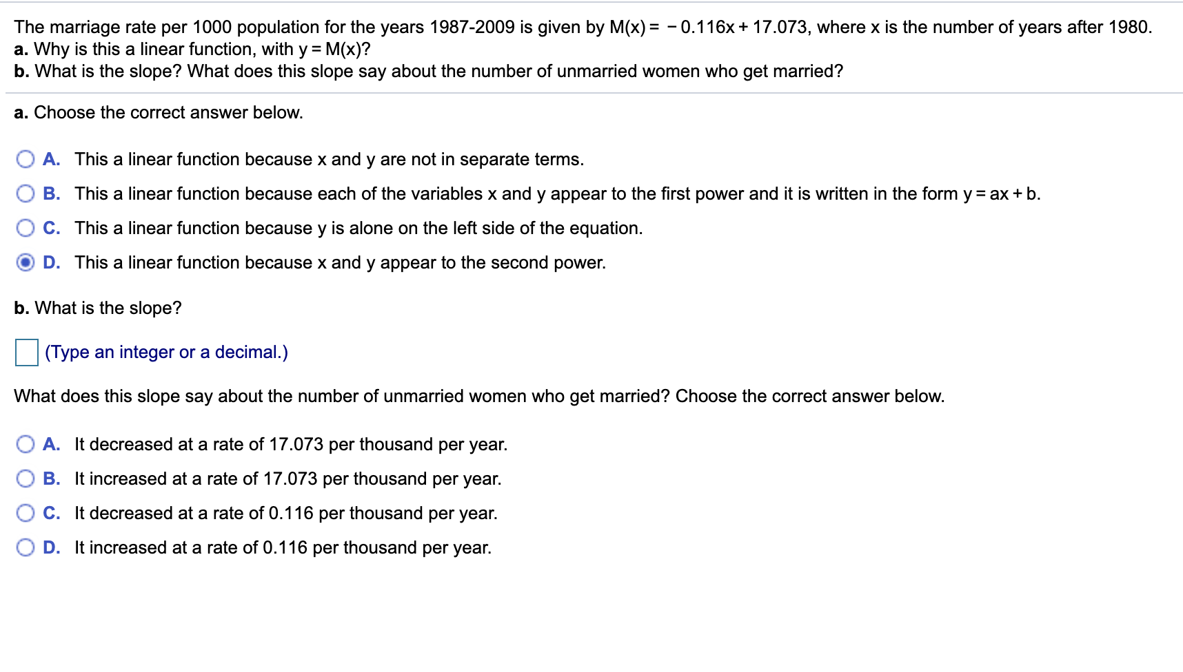 Solved The marriage rate per 1000 population for the years | Chegg.com