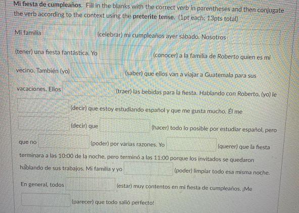 Mi fiesta de cumpleaños. Fill in the blanks with the | Chegg.com