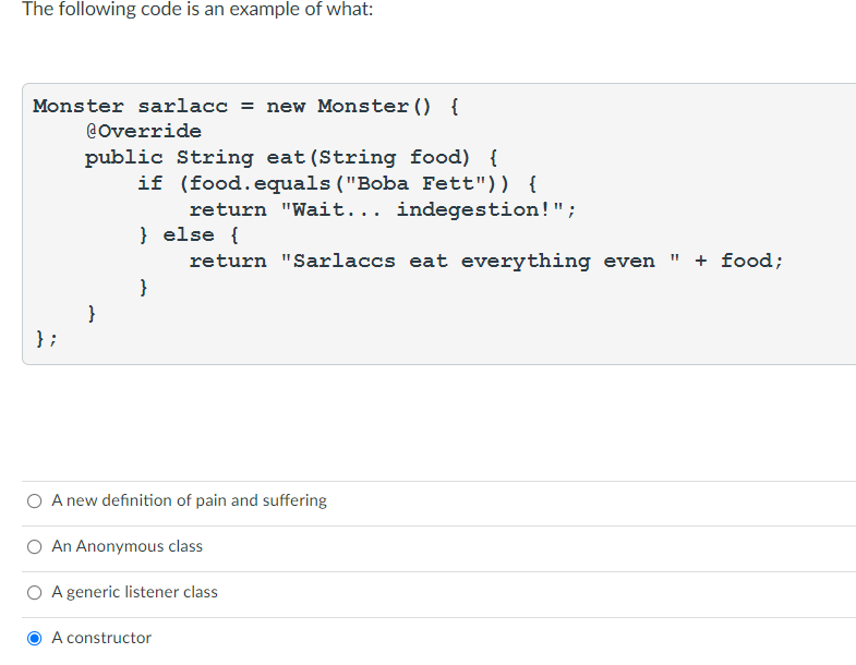 Solved The following code is an example of what: Monster | Chegg.com