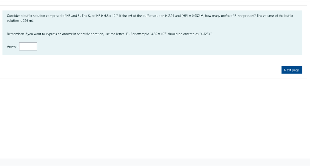 Solved Consider a buffer solution comprised of HF and F. The | Chegg.com