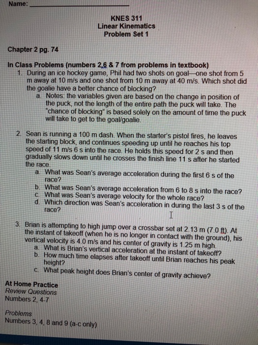 Solved Name: KNES 311 Linear Kinematics Problem Set 1 | Chegg.com