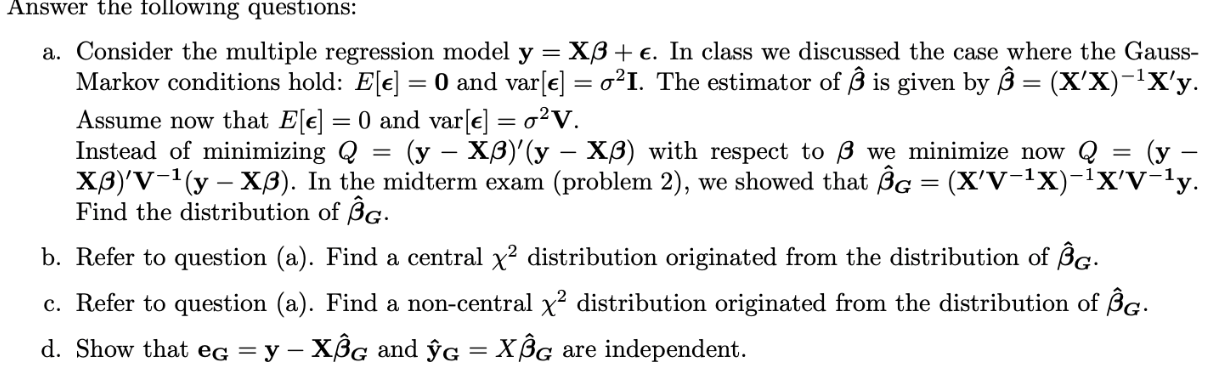 Solved a. Consider the multiple regression model y=Xβ+ϵ. In | Chegg.com