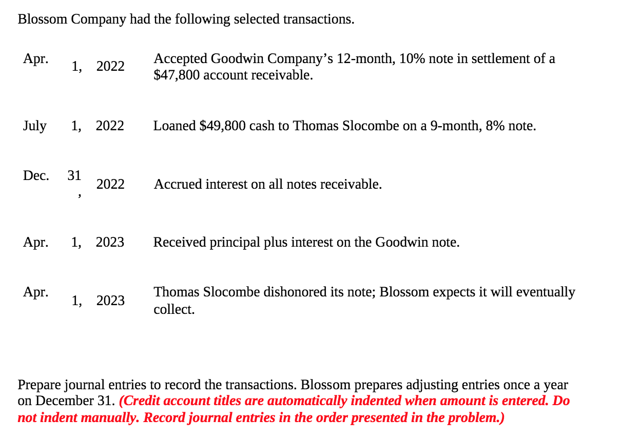 Solved Blossom Company had the following selected | Chegg.com