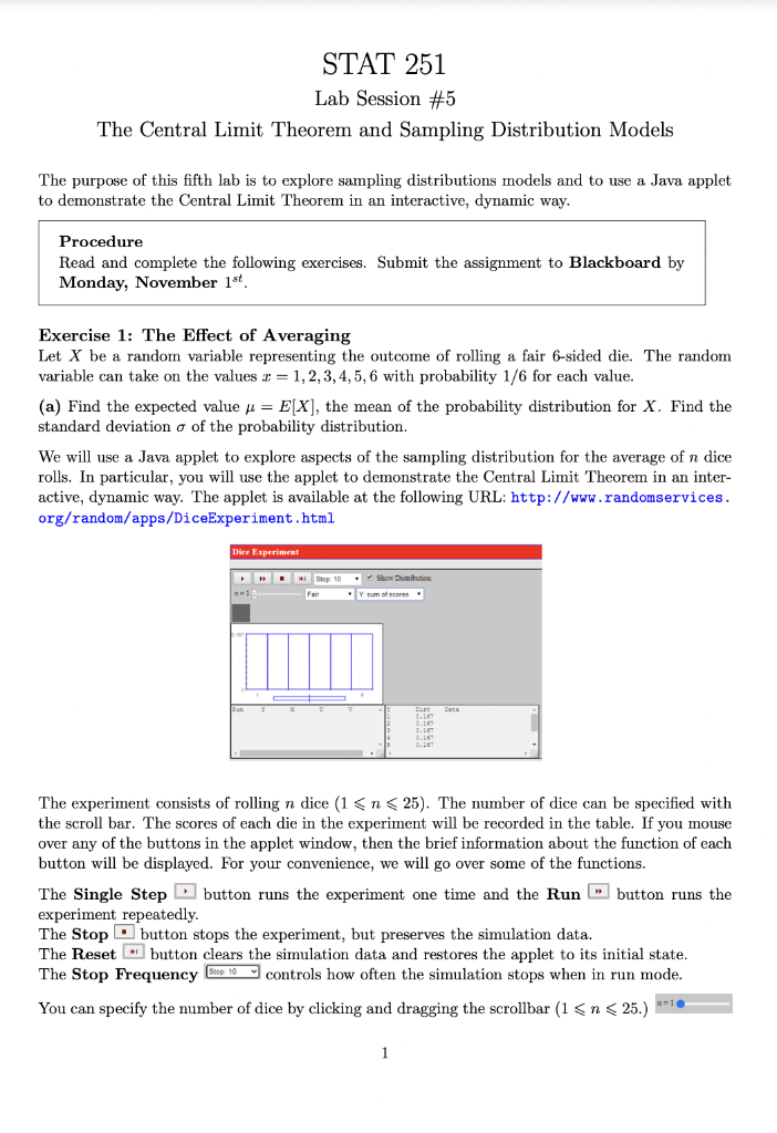 STAT 251 Lab Session #5 The Central Limit Theorem and | Chegg.com