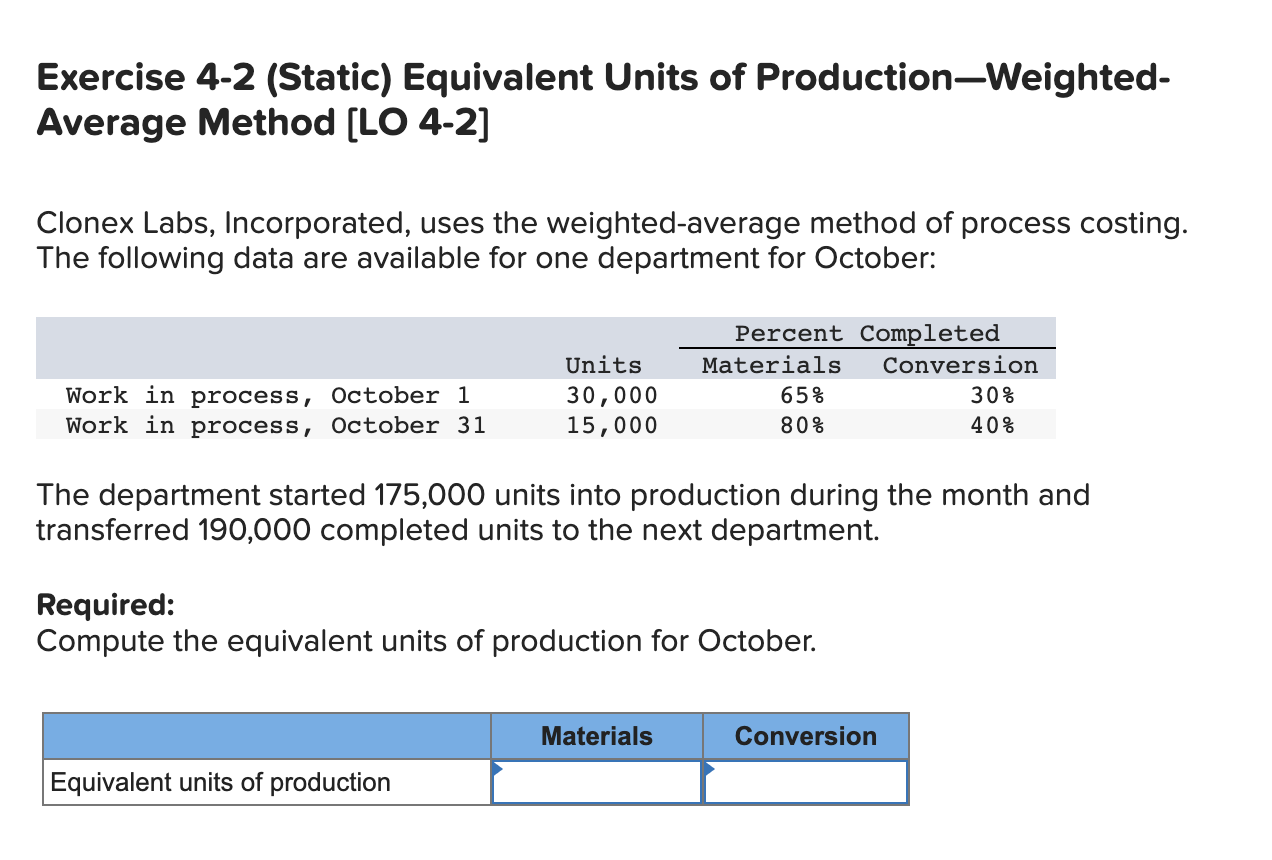 Solved Exercise 4-2 (Static) Equivalent Units of | Chegg.com
