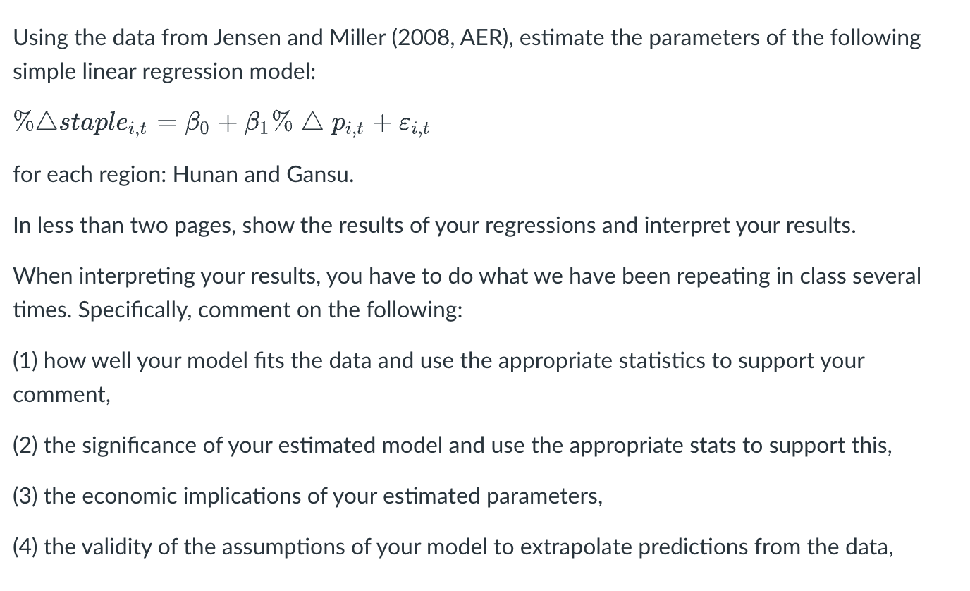 Solved Using the data from Jensen and Miller (2008, AER), | Chegg.com
