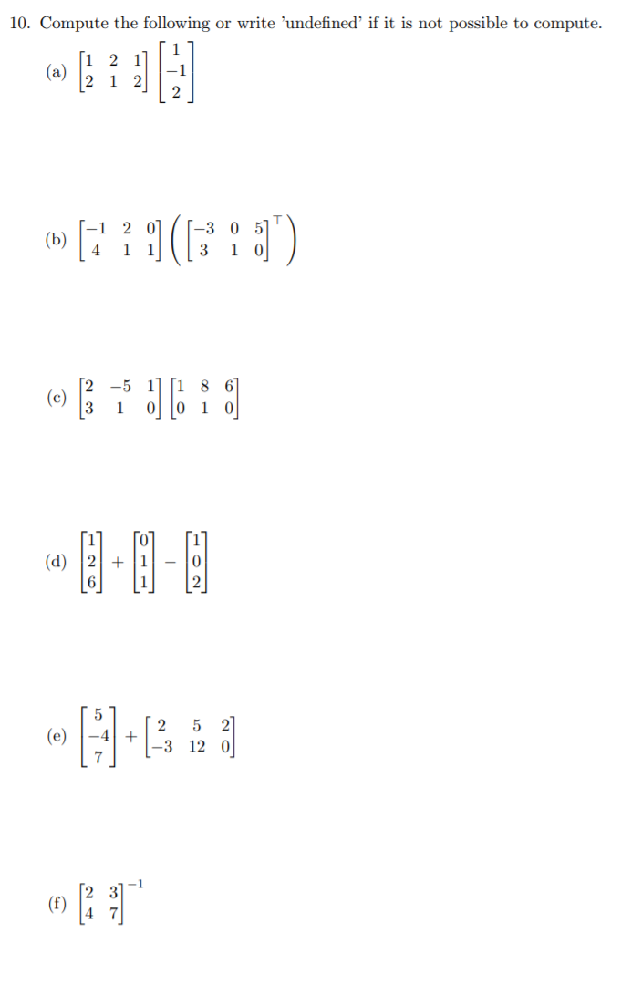 Solved 10. Compute the following or write 'undefined' if it | Chegg.com