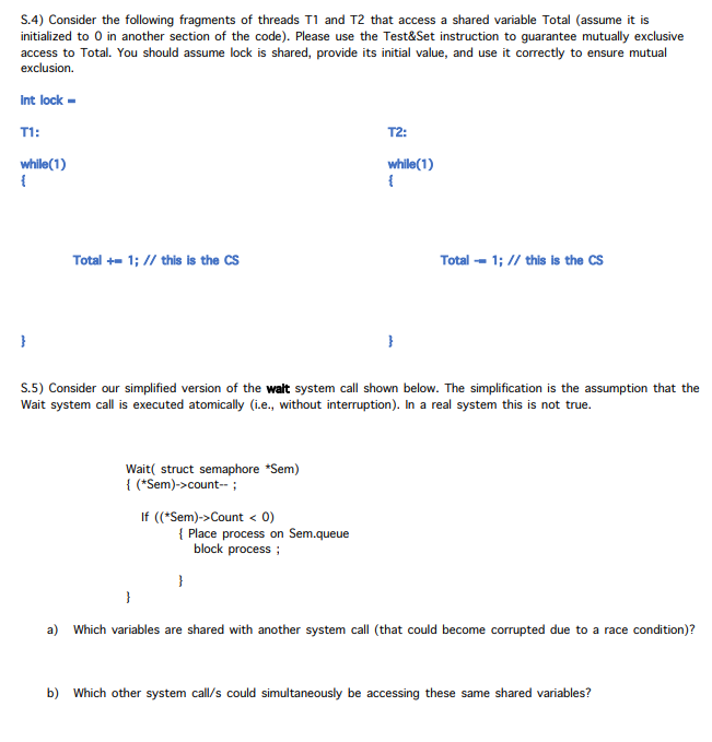 Solved S.4) Consider the following fragments of threads T1 | Chegg.com