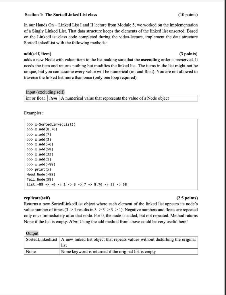 Solved Section 1: The SortedLinkedList class (10 points) In | Chegg.com