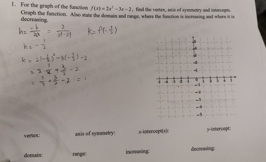 Solved 1. For the graph of the function f(x) = 2x2 - 3x-2, | Chegg.com