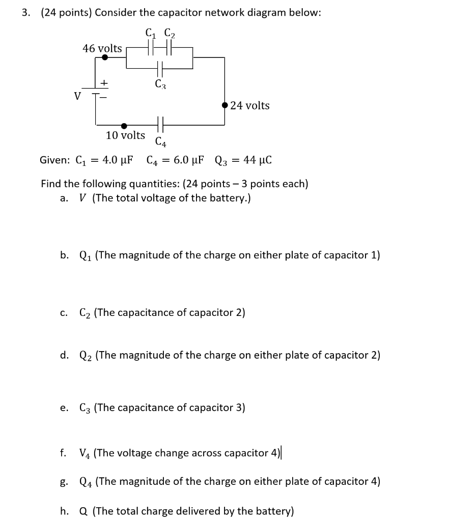 Solved 3. (24 points) Consider the capacitor network diagram | Chegg.com