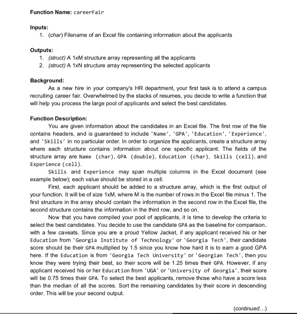 Function Name: careerFair Inputs: 1. (char) Filename | Chegg.com