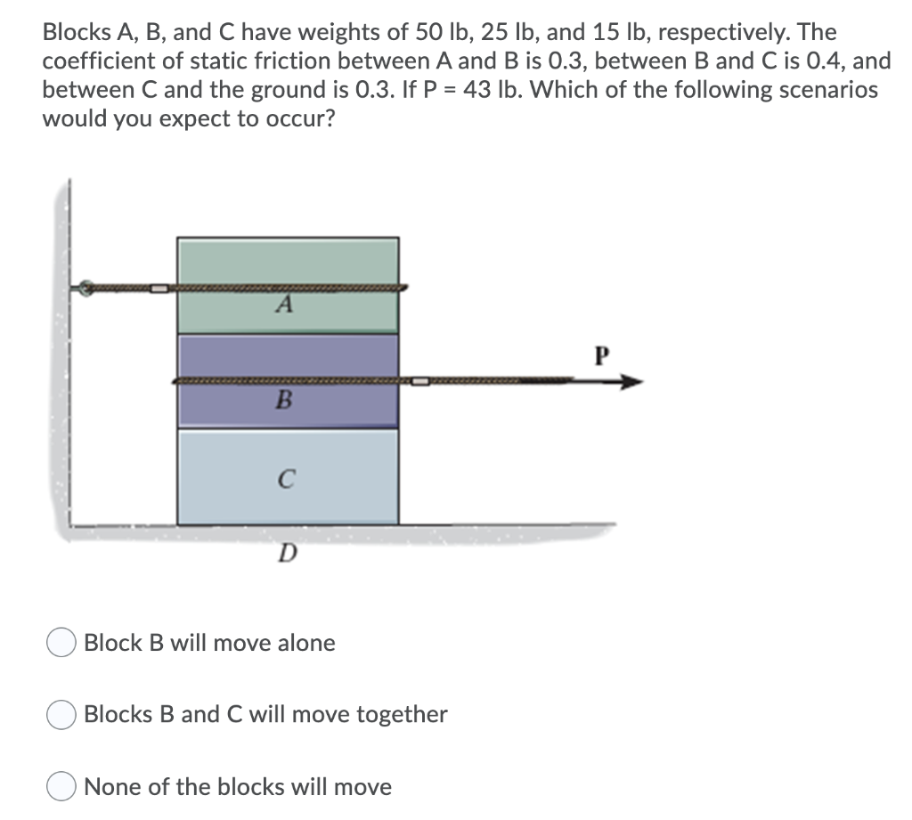 Solved Blocks A, B, and C have weights of 50 lb, 25 lb, and | Chegg.com
