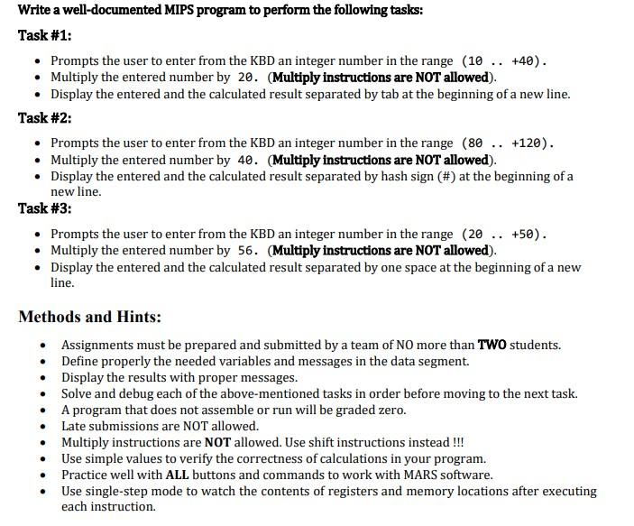 Solved Write a well-documented MIPS program to perform the | Chegg.com