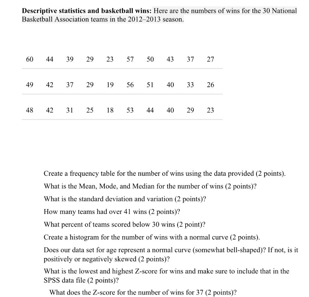 Solved Descriptive statistics and basketball wins: Here are | Chegg.com