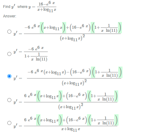 Solved 16-e63 Find y' where y= 2+log11 Answer: -6262 | Chegg.com