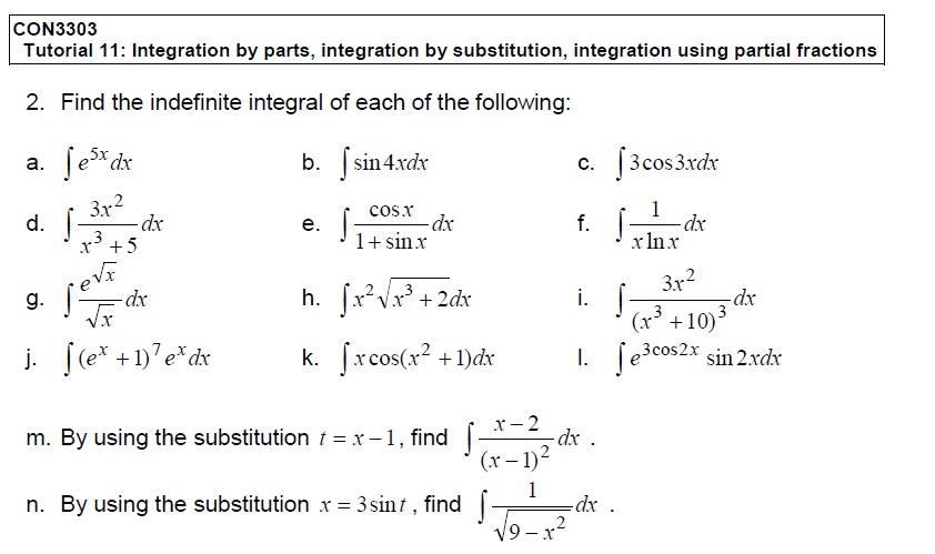 Solved CON3303 Tutorial 11: Integration by parts, | Chegg.com