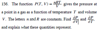Solved 156. The function P(T, V) = nRT gives the pressure at | Chegg.com