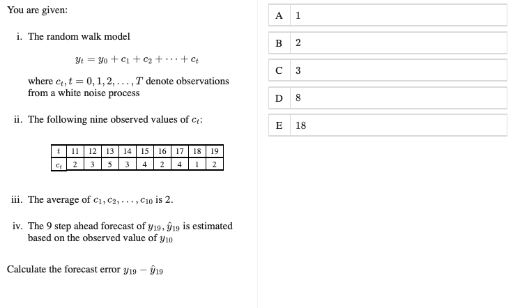 Solved i. The random walk model yt=y0+c1+c2+⋯+ct where | Chegg.com
