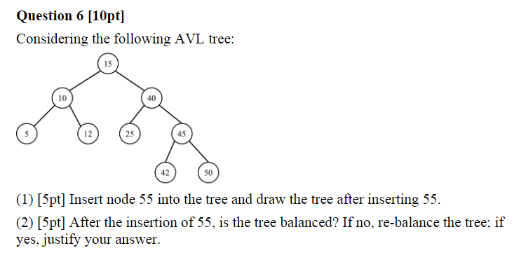 Solved Considering the following AVL tree: (1) [5pt] Insert | Chegg.com