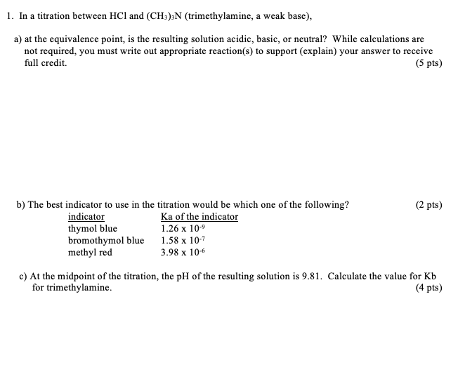 Solved 1. In a titration between HCl and (CH3)2N | Chegg.com
