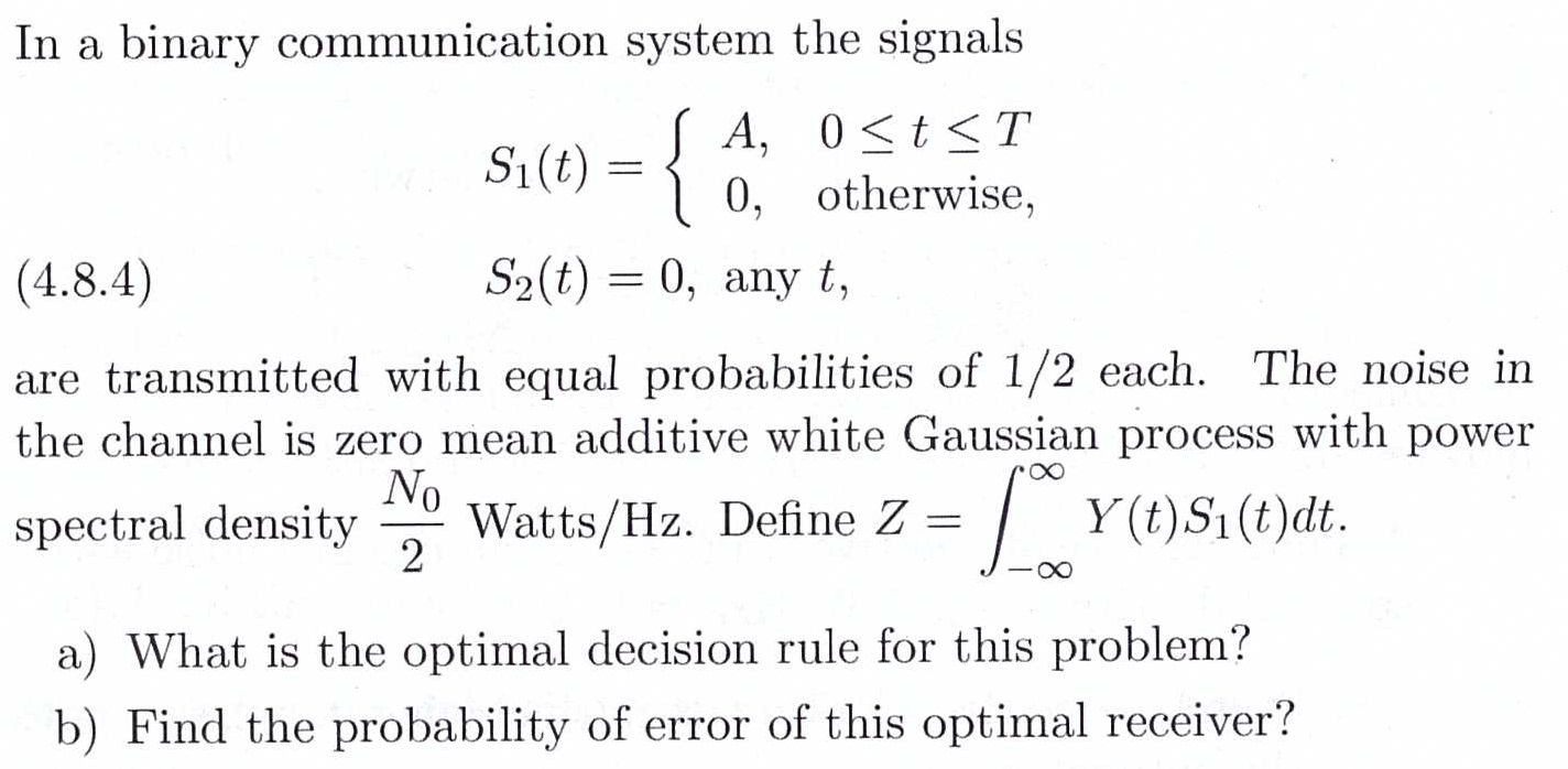 Solved In a binary communication system the signals Si(t)-A, | Chegg.com