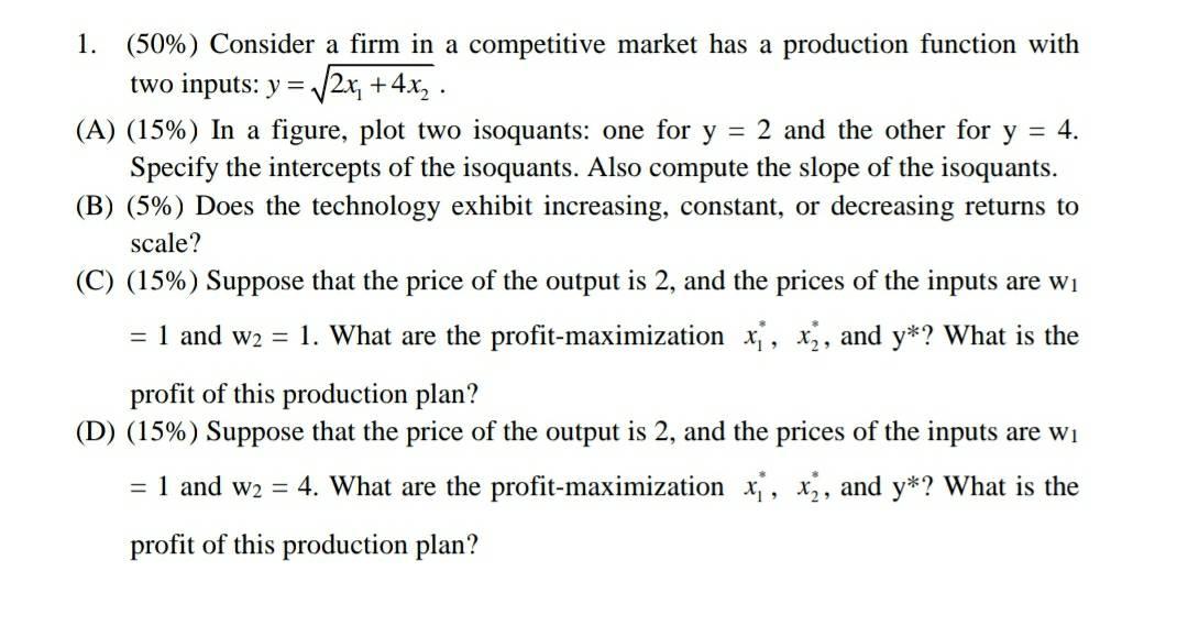 Solved 1. (50%) Consider a firm in a competitive market has | Chegg.com